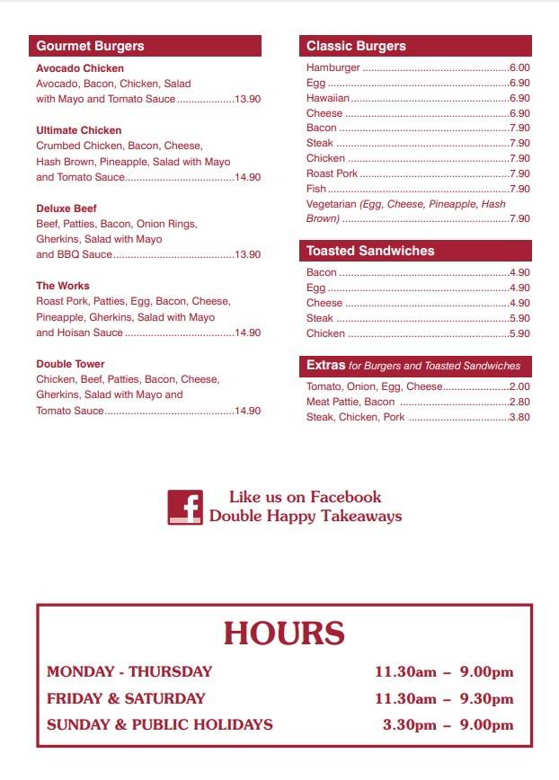 Menu at Double Happy Chinese Takeaways fast food, Auckland