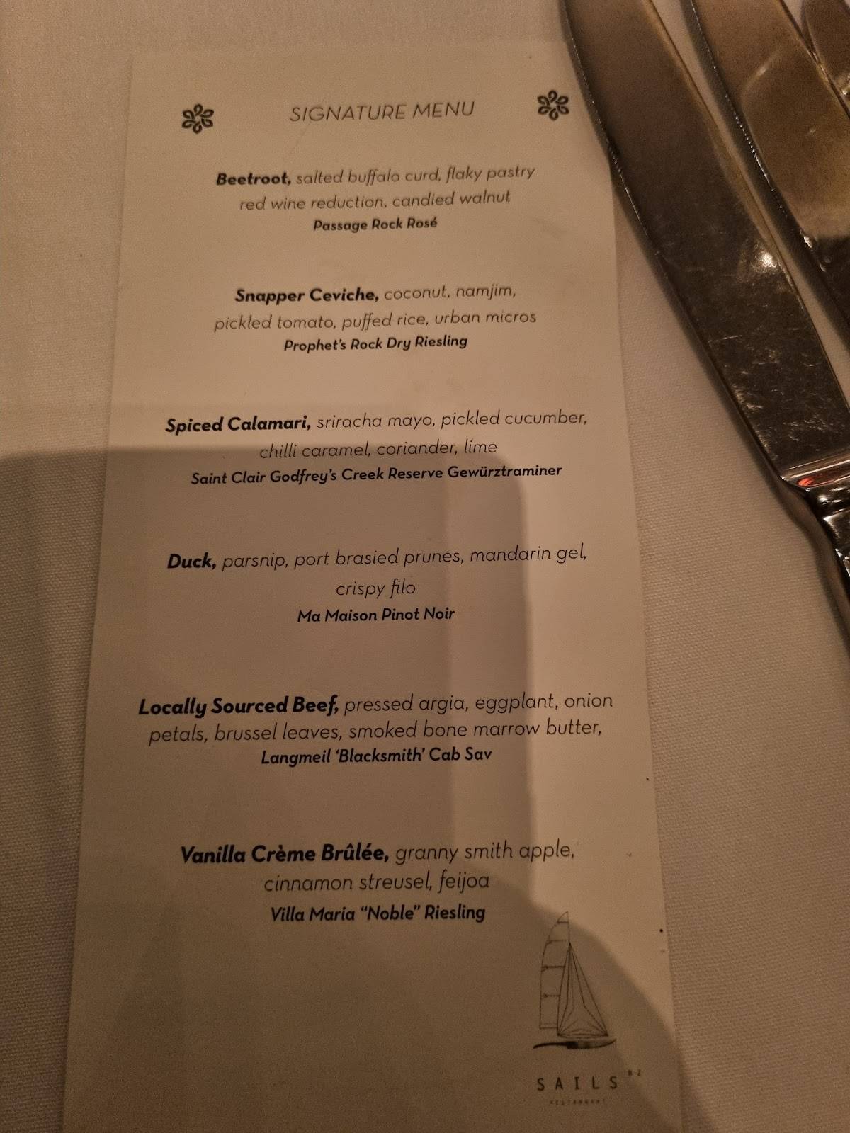 Menu at Sails Restaurant, Auckland