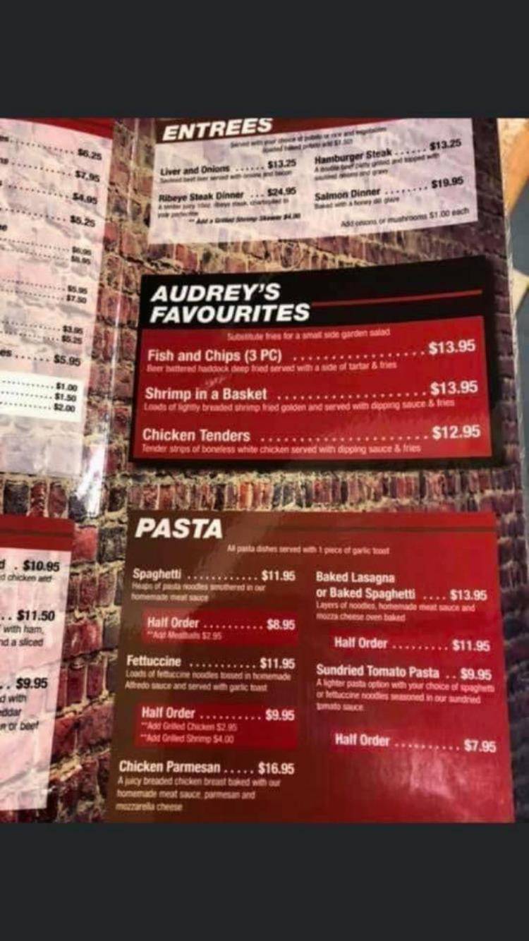 Menu at Audrey's restaurant, Manitouwadge