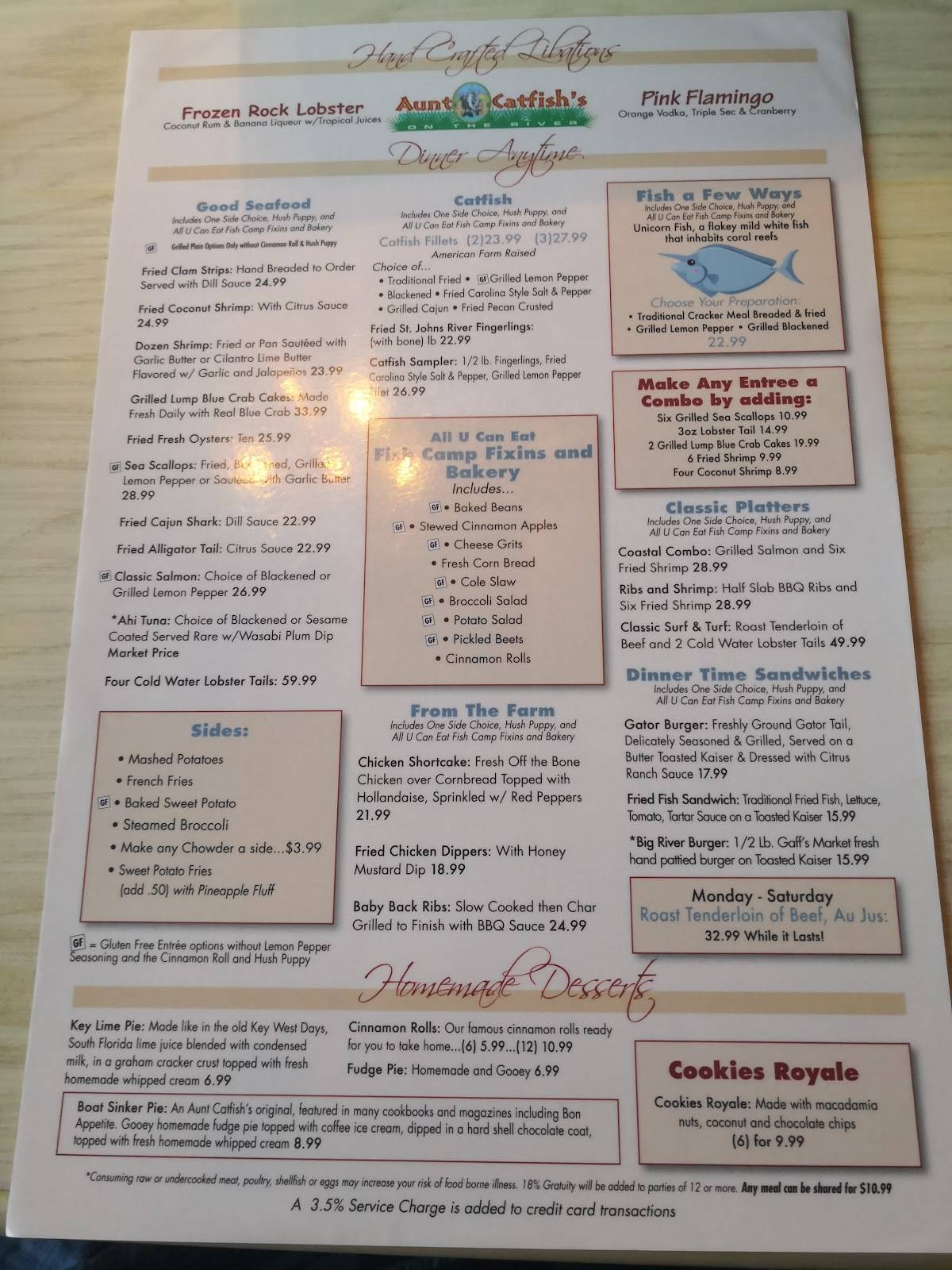 Menu at Aunt Catfish's On the River restaurant, Port Orange