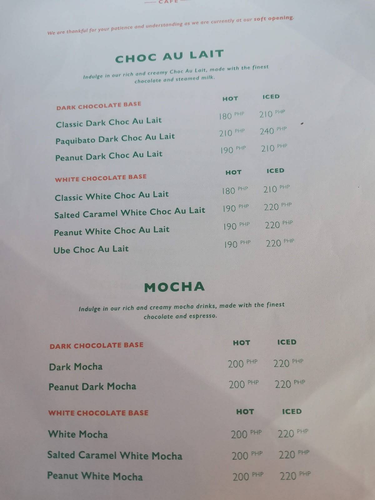 Menu at Auro Chocolate Cafe - BGC Flagship, Taguig