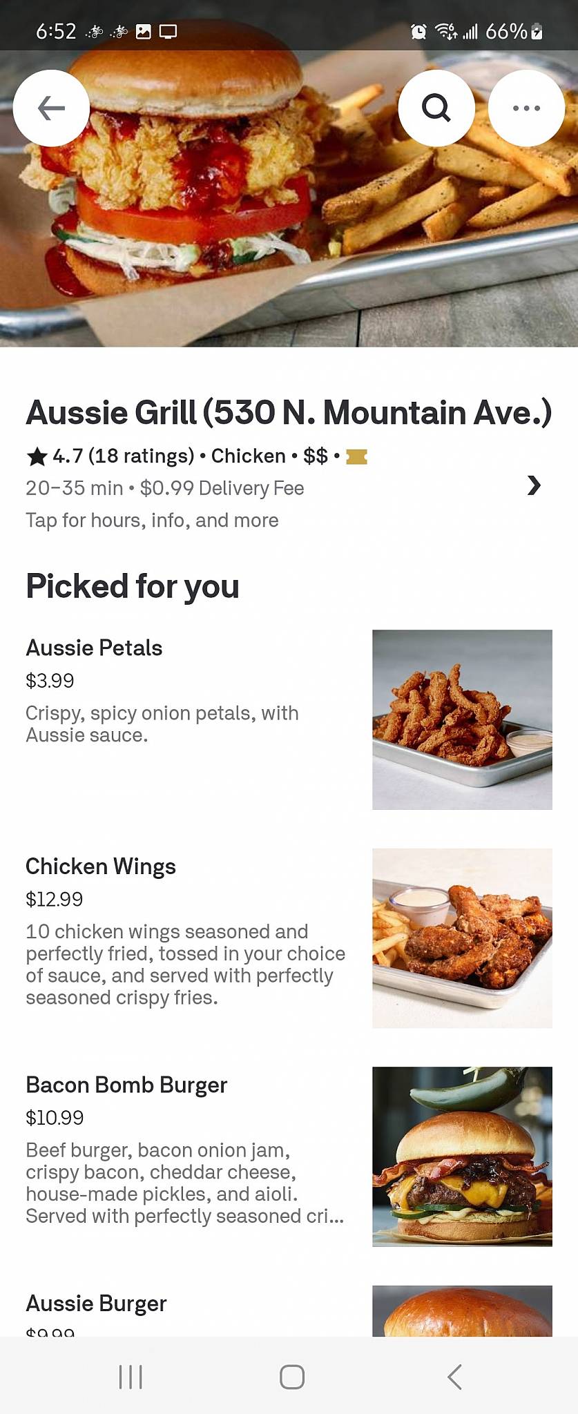 Menu at Aussie Grill restaurant, Upland