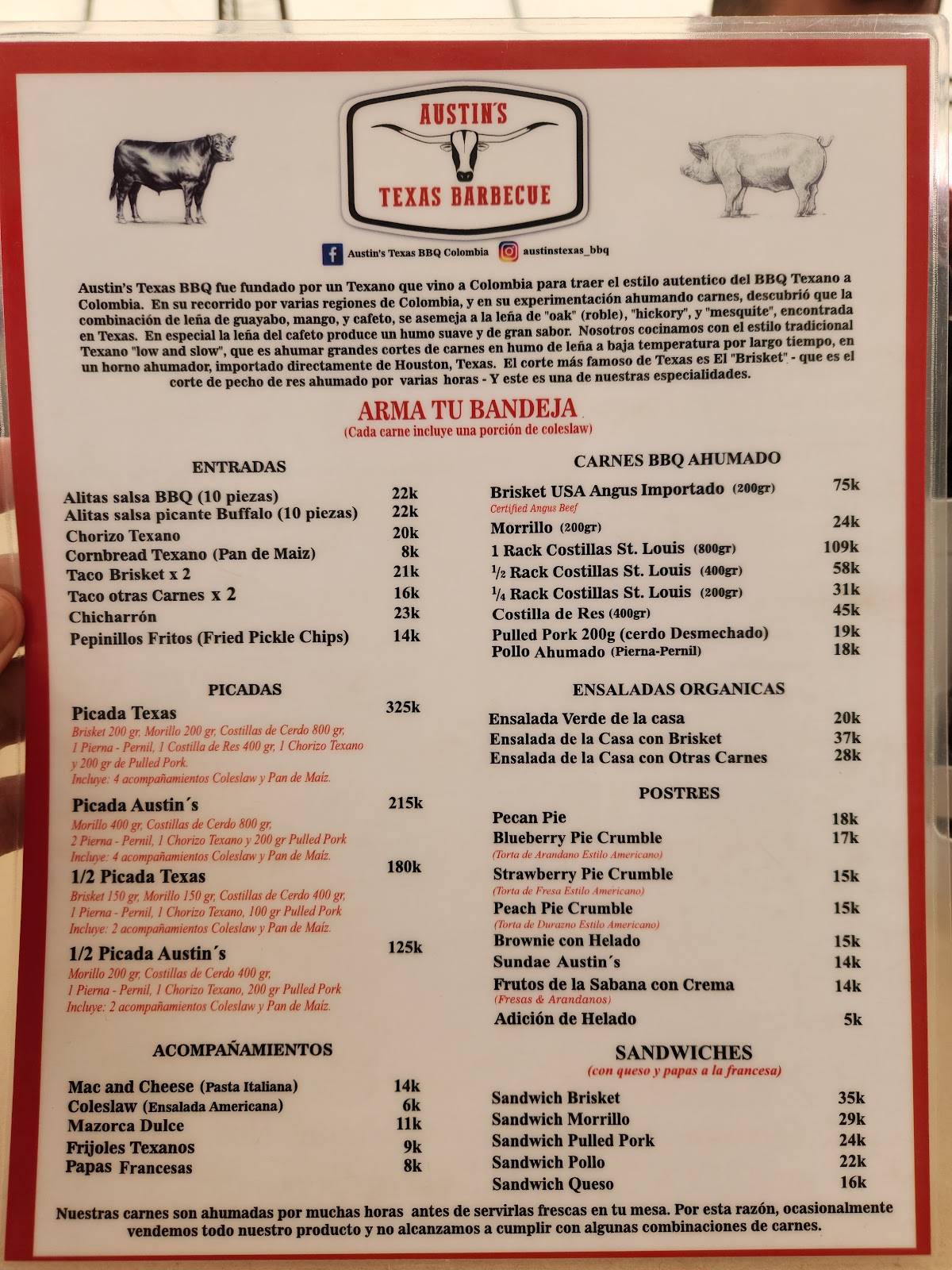 Carta de Austin’s Texas BBQ, Bogotá