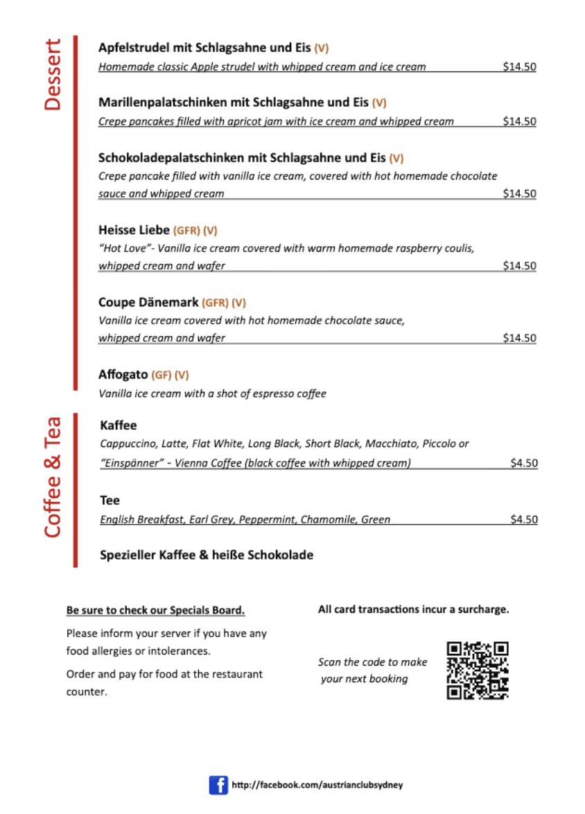Menu at Austrian Club Sydney, Frenchs Forest, 20 Grattan Cres