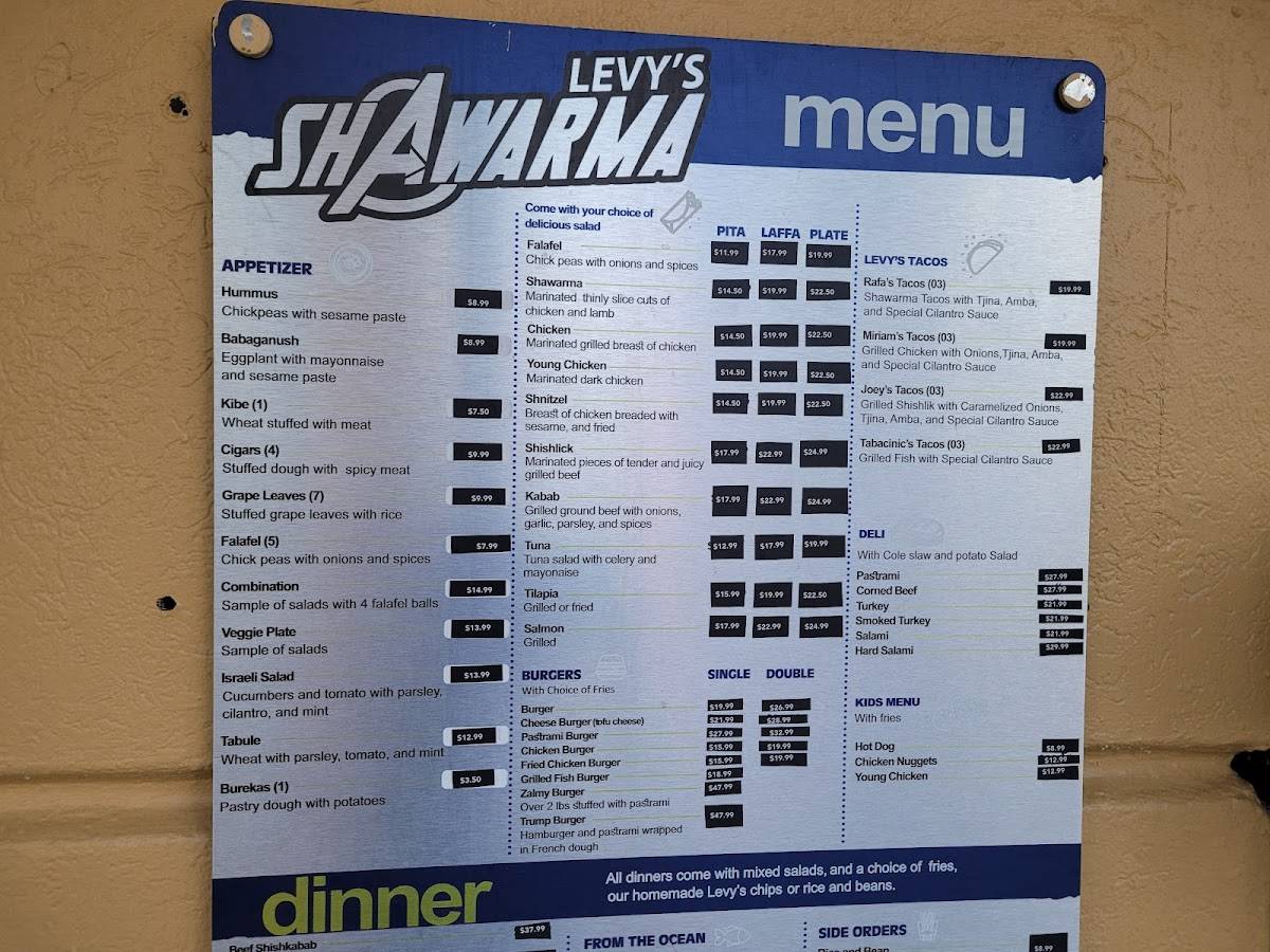 Menu at Levy’s Shawarma restaurant, Aventura
