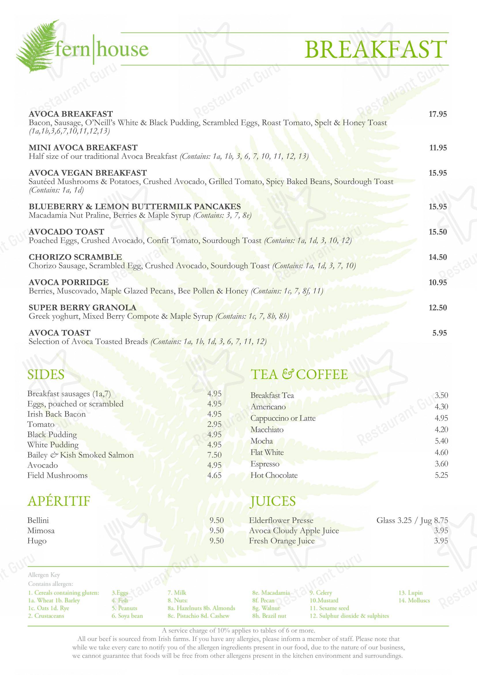 Menu at Avoca Fern House Cafe, Kilmacanoge