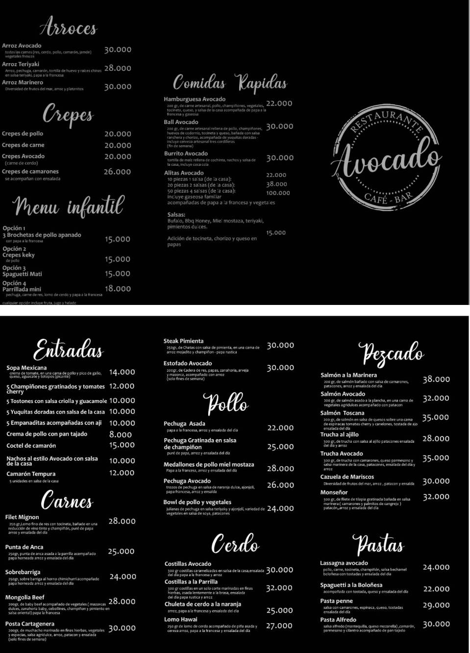 Menu at Avocado Restaurante Café - Bar, Bogotá