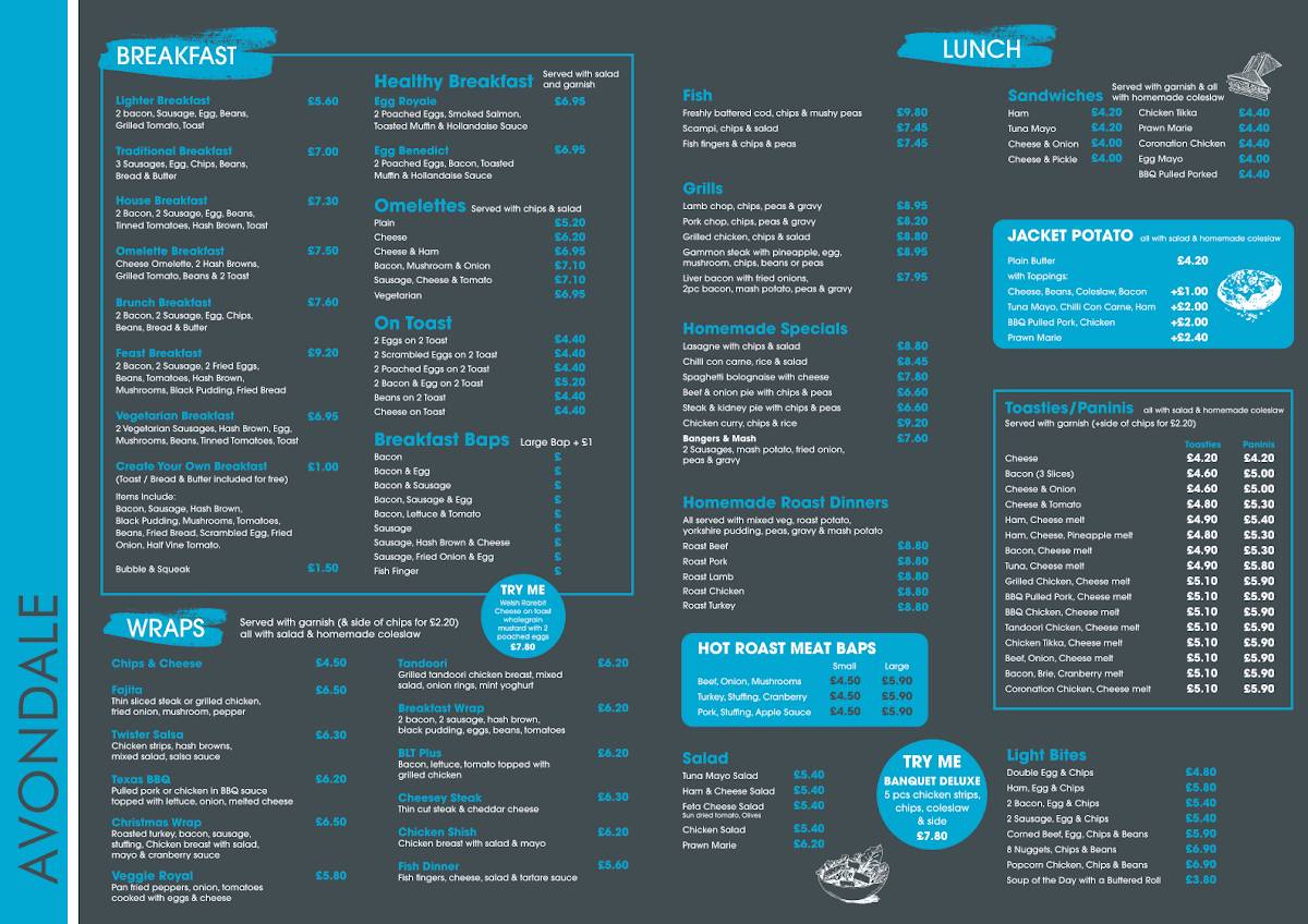 Menu at Avondale Cafe, Llangefni