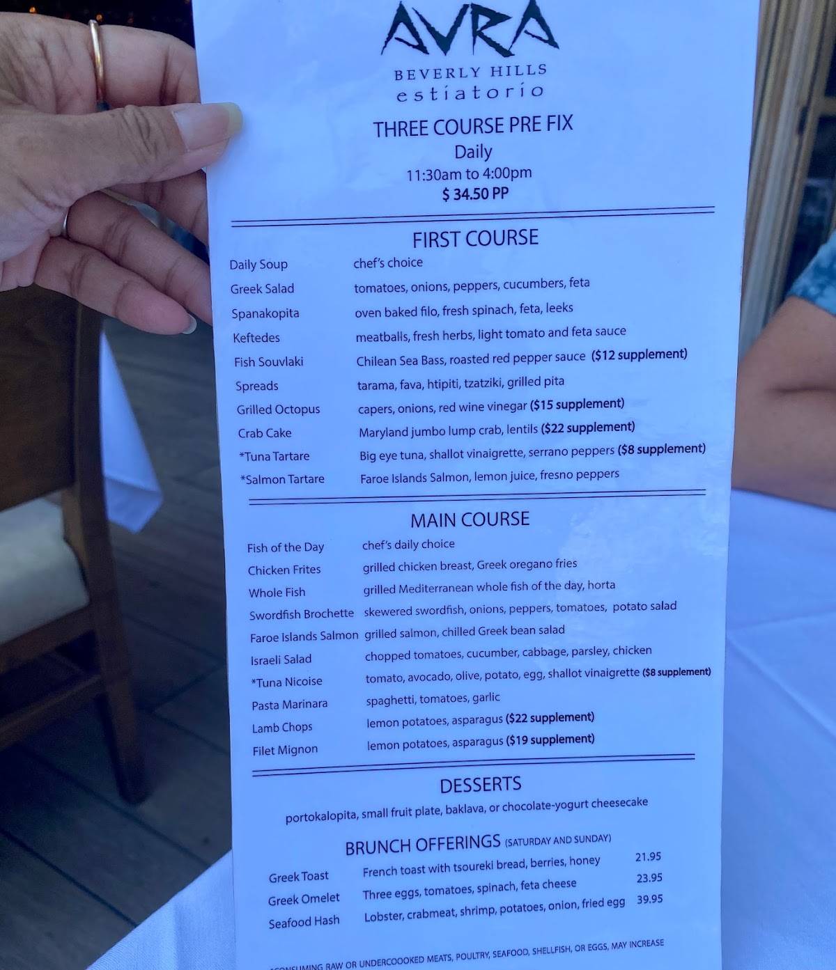 Menu at Avra Beverly Hills restaurant, Beverly Hills