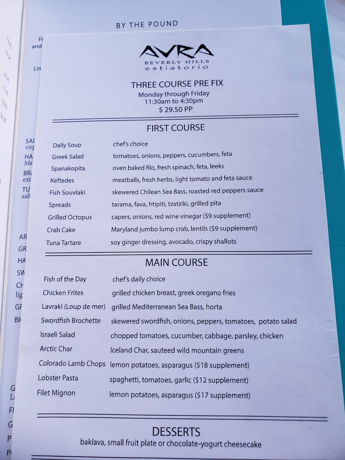 Menu at Avra Beverly Hills restaurant, Beverly Hills