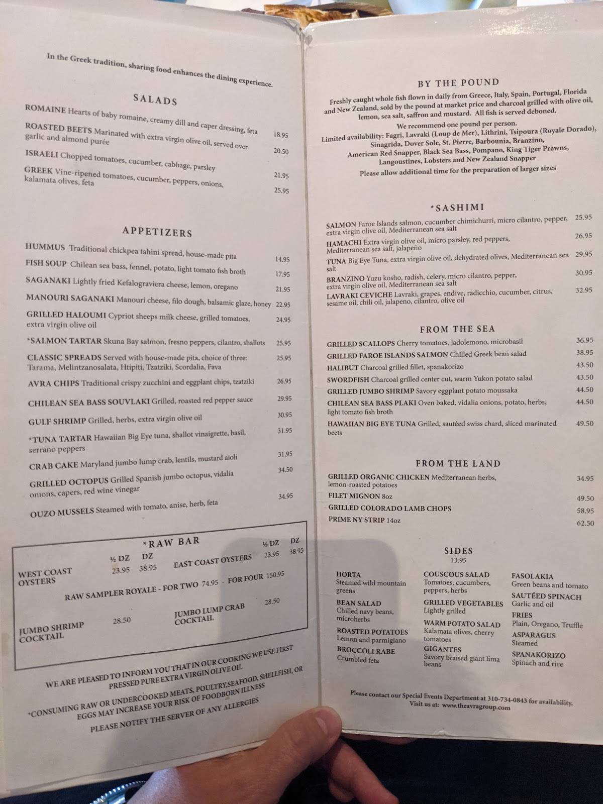 Menu at Avra Beverly Hills restaurant, Beverly Hills