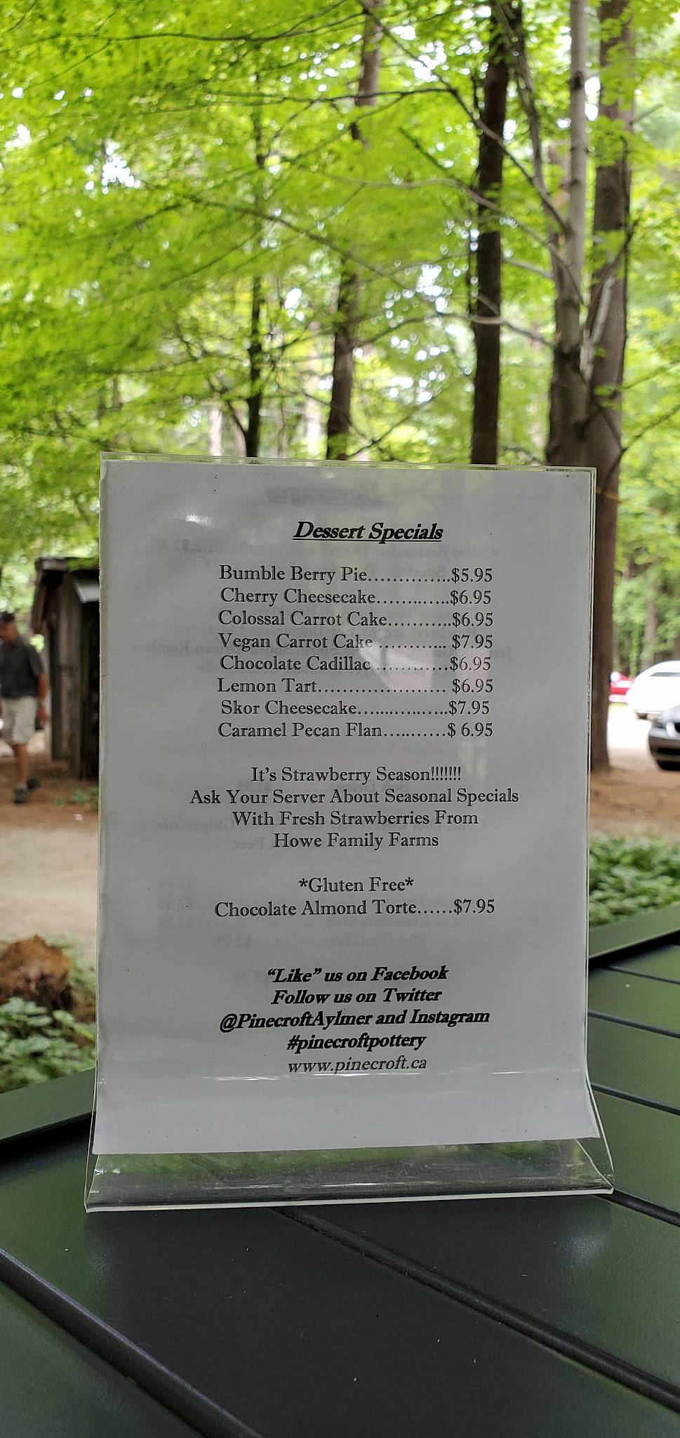 Menu at Pinecroft restaurant, Aylmer, Rogers Rd
