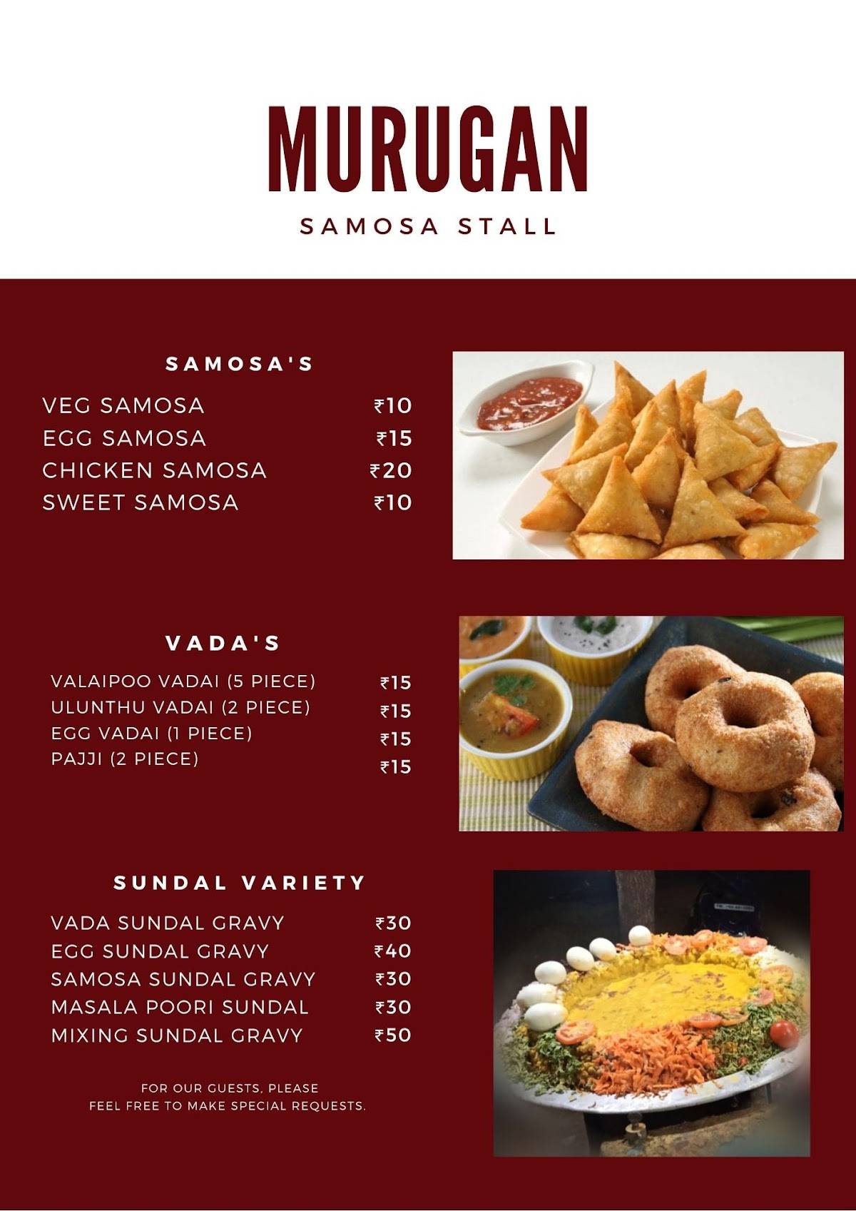 Menu at B.Murugan Samosa Stall, India