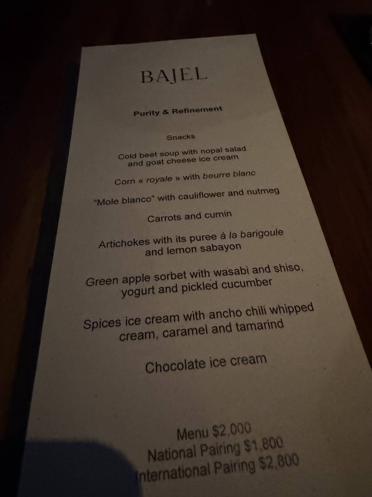 Menu at BAJEL restaurant, Naucalpan