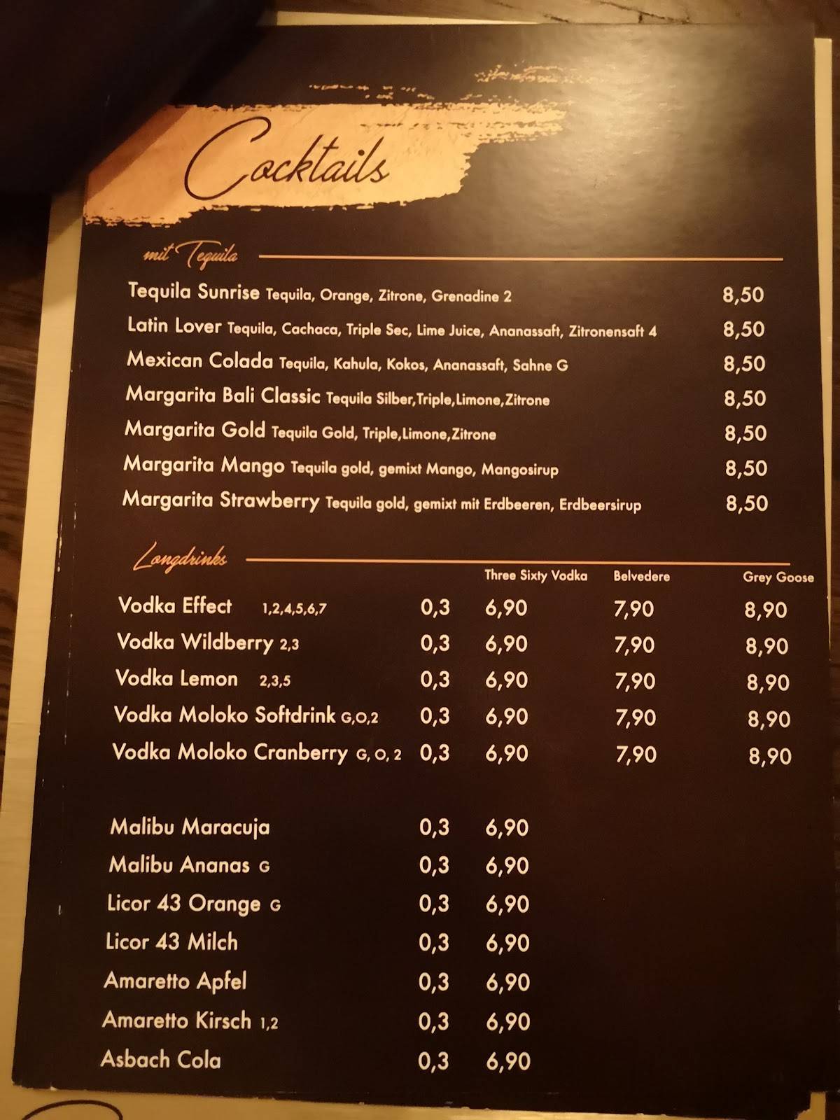 Carta de BALI Cocktailbar - Lounge, Gunzburgo
