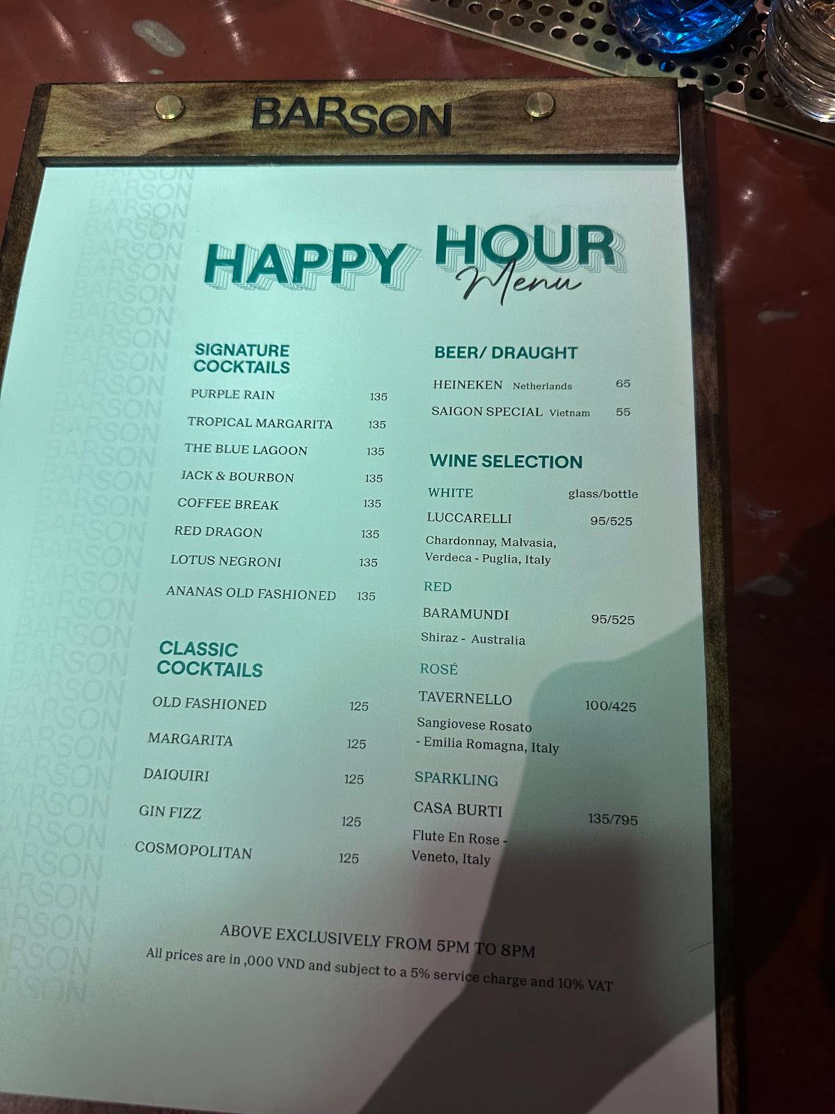Menu at BARSON Saigon, Ho Chi Minh City