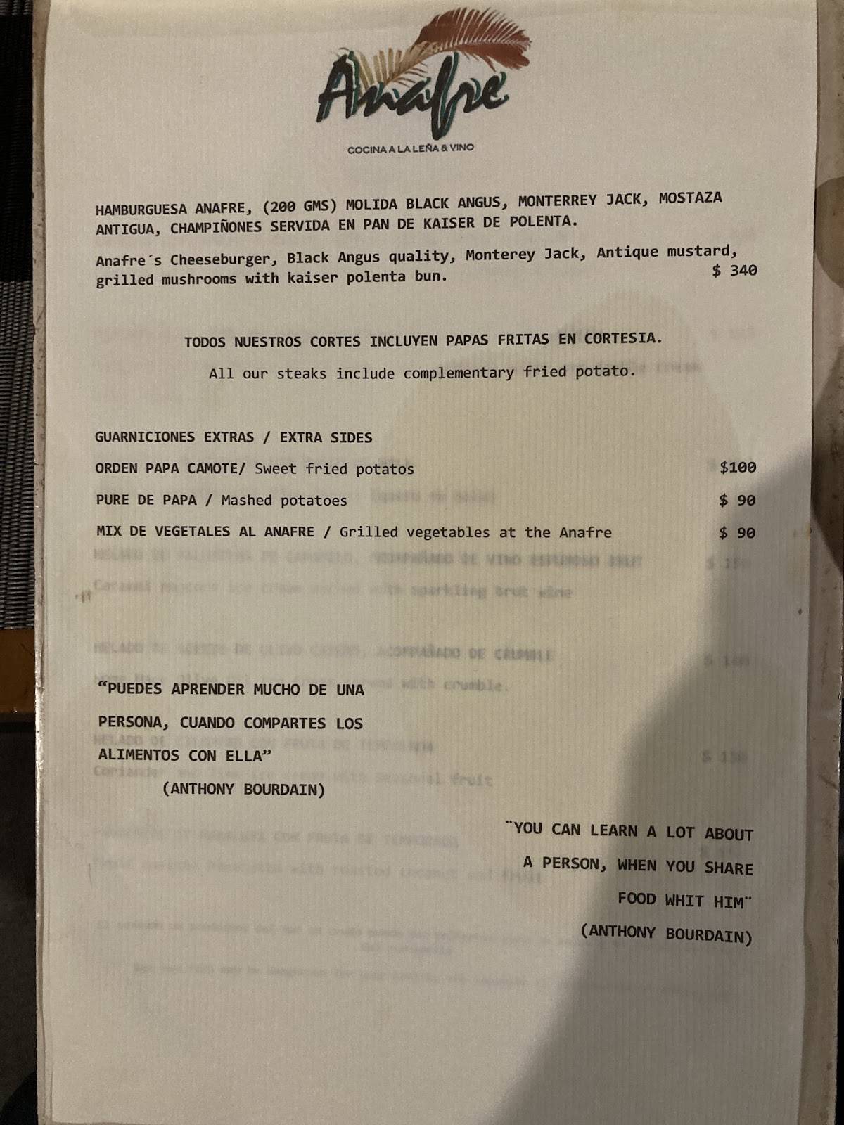 Menu at Anafre cocina a la leña y vino BBQ, Playa del Carmen