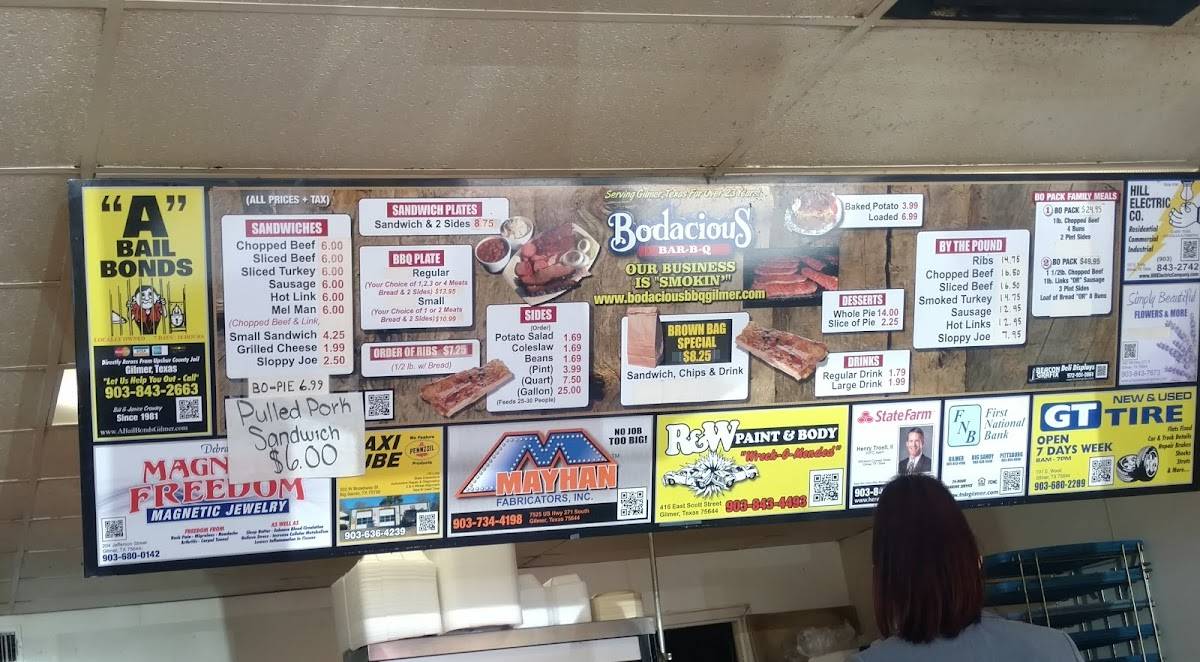 Menu at Bodacious Bar-B-Q, Gilmer, 855 US Hwy 271 N
