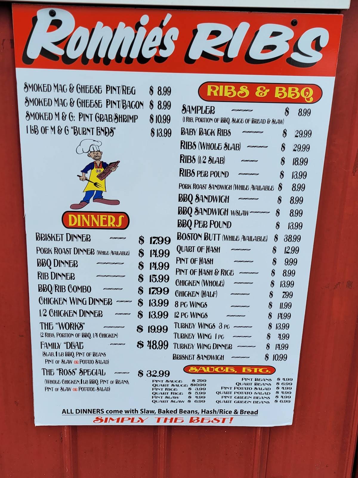 Menu at Ronnie's Ribs BBQ, Elgin