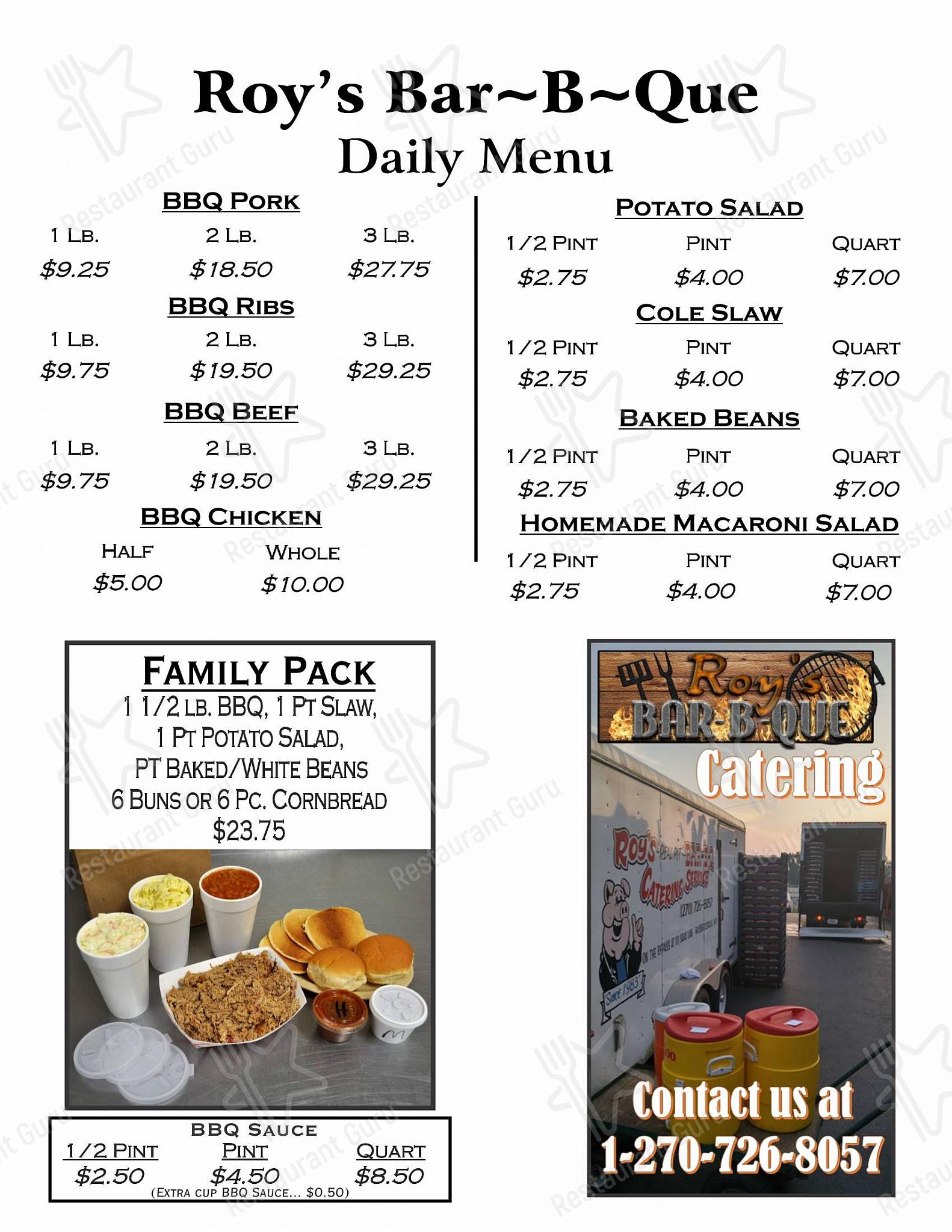 Menu at Roy's Bar-B-Que, Russellville