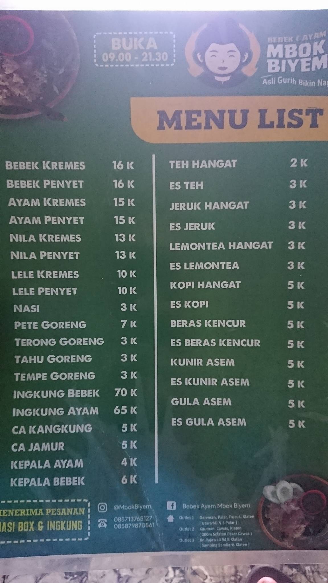 Menu at BEBEK & AYAM MBOK BIYEM, Klaten, Sunarya