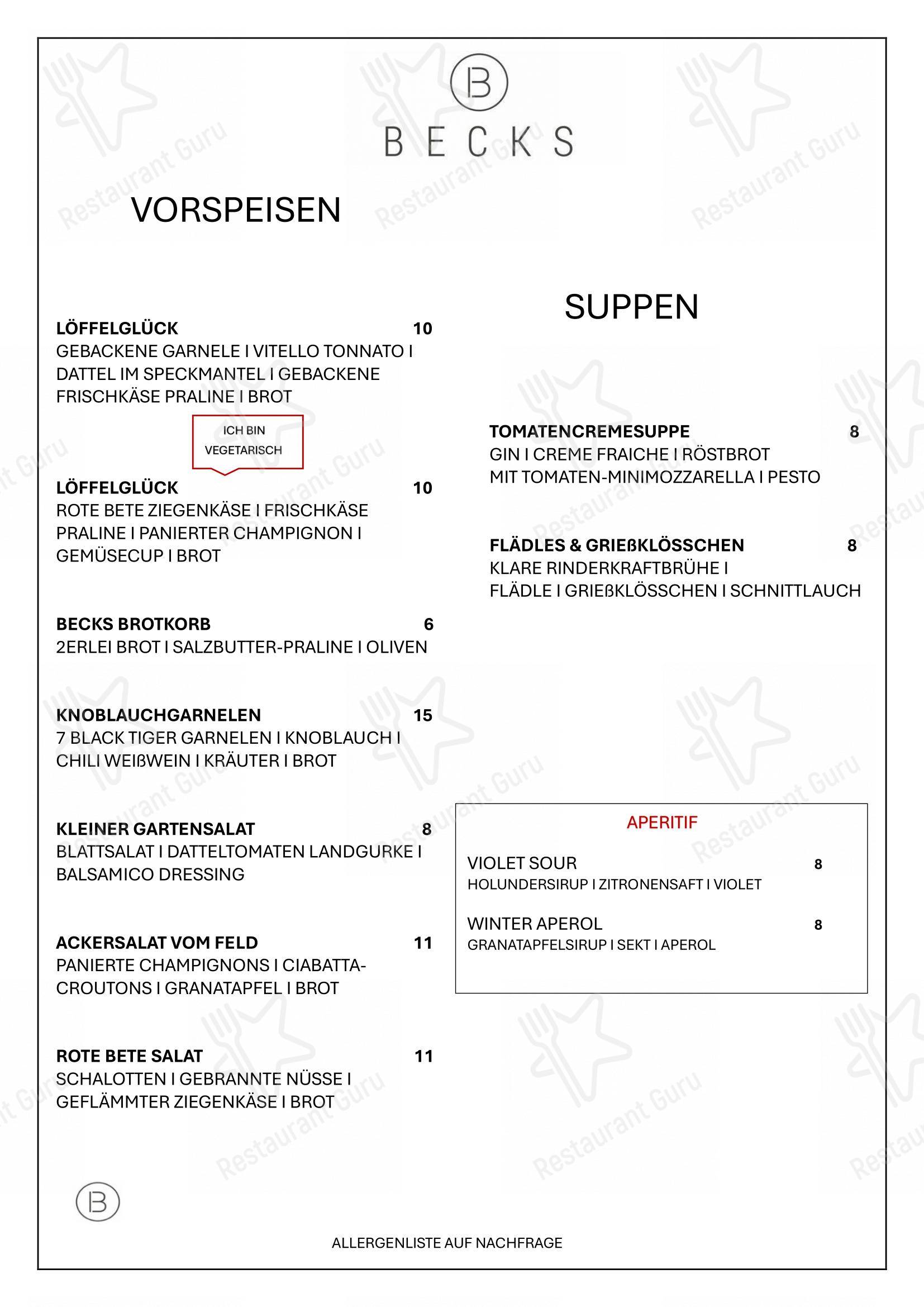 Speisekarte von BECKS am Markwasen restaurant, Reutlingen