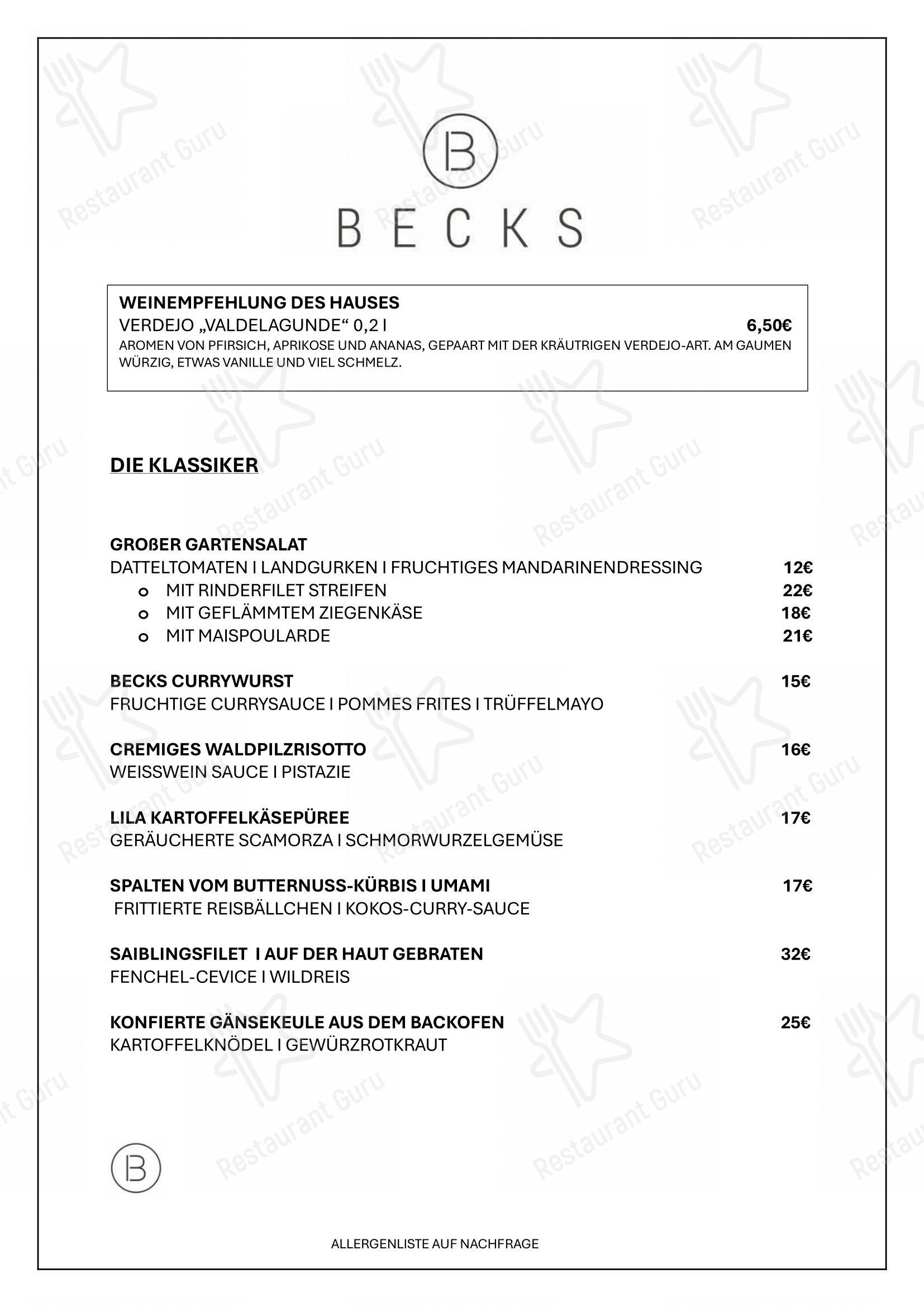 Speisekarte von BECKS am Markwasen restaurant, Reutlingen