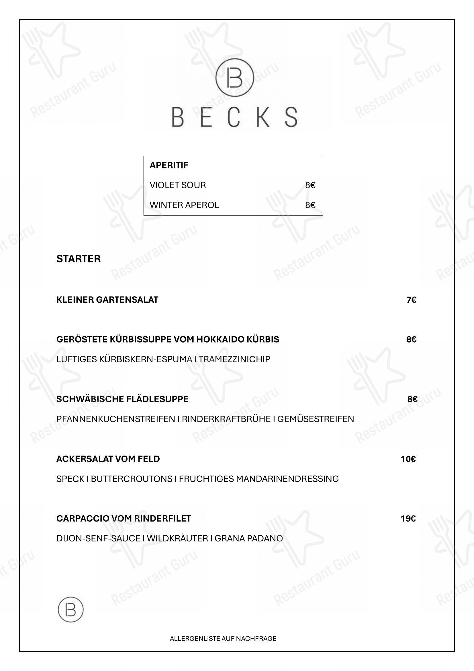 Speisekarte von BECKS am Markwasen restaurant, Reutlingen