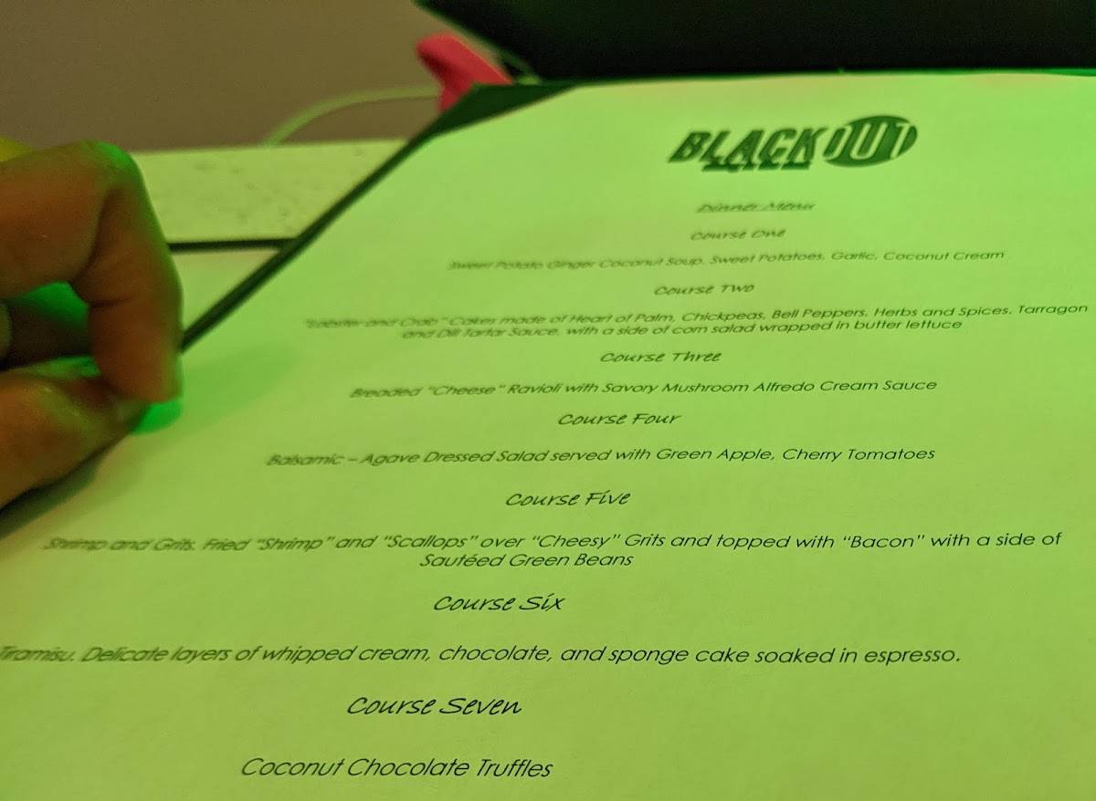 Menu at BLACKOUT Dining in the Dark restaurant, Las Vegas