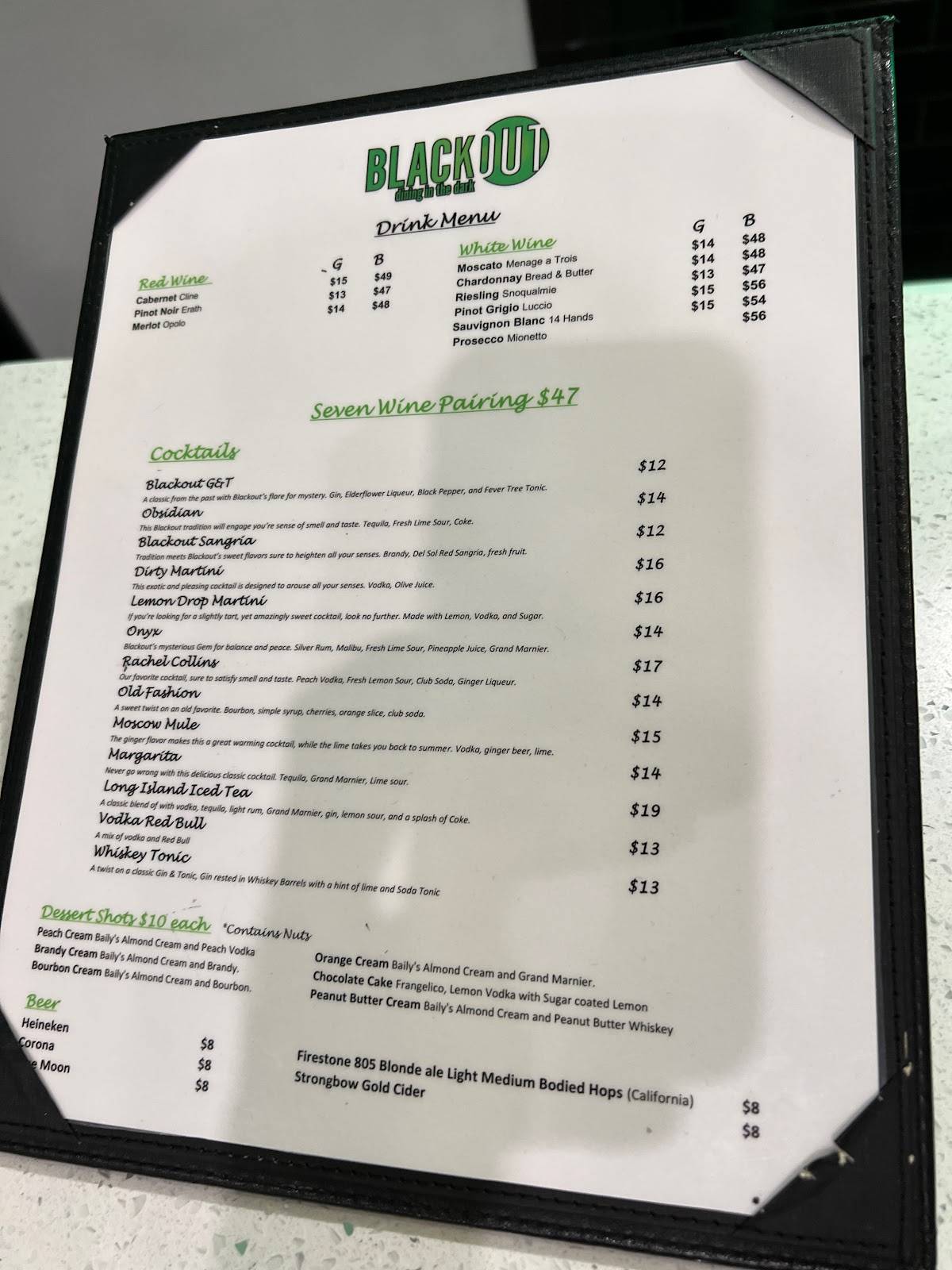 Menu at BLACKOUT Dining in the Dark restaurant, Las Vegas