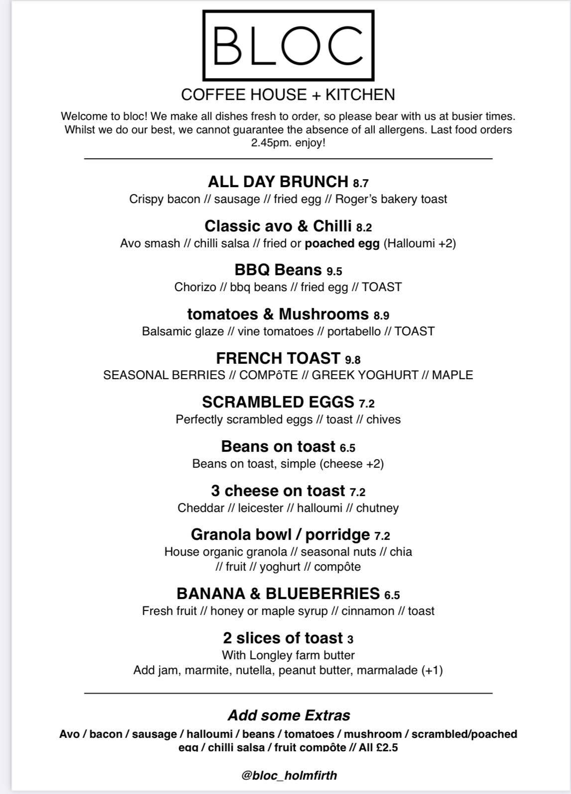 Menu at BLOC Holmfirth cafe, Holmfirth