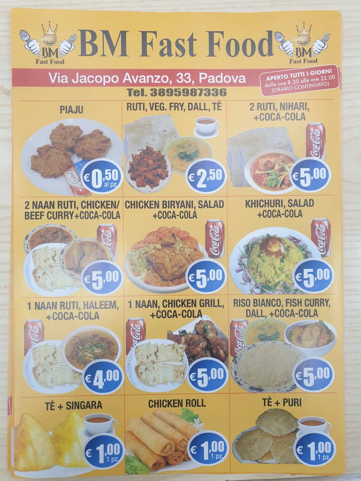 Menu at BM Fast Food, Padua