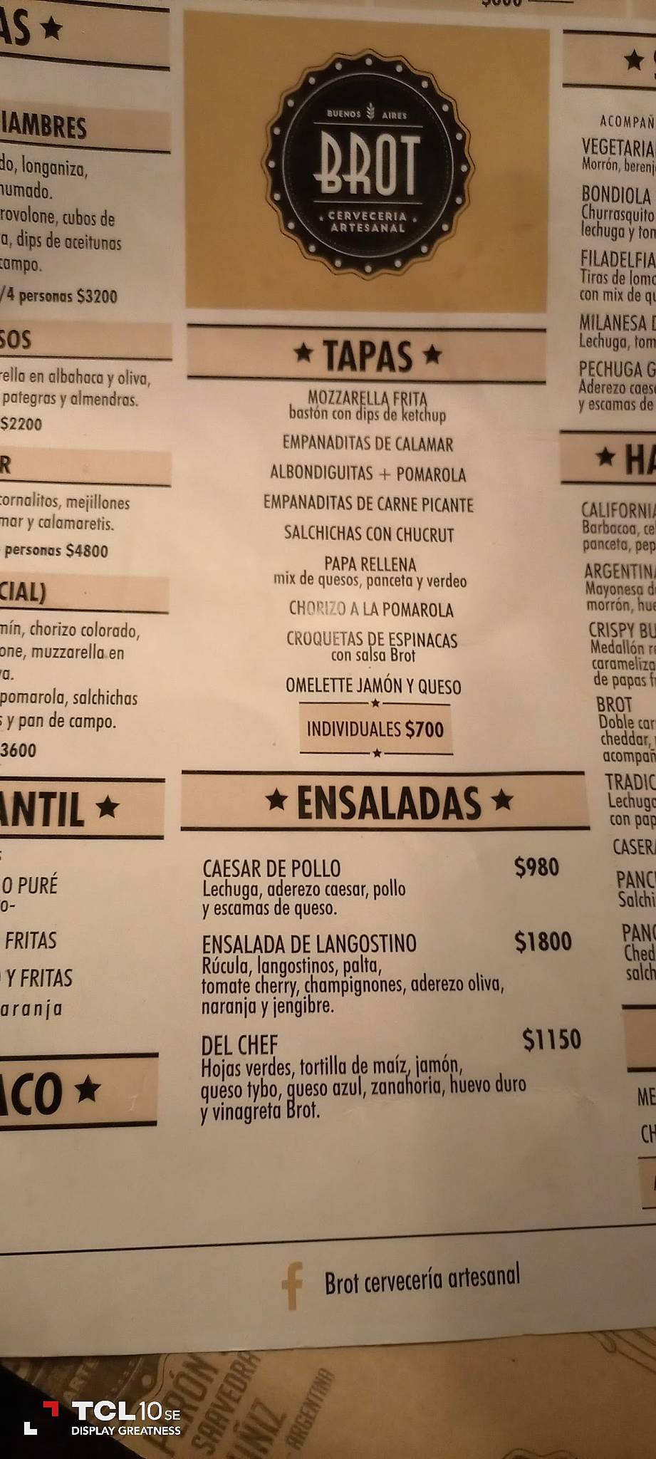 Menu at BROT restaurant, Muñiz