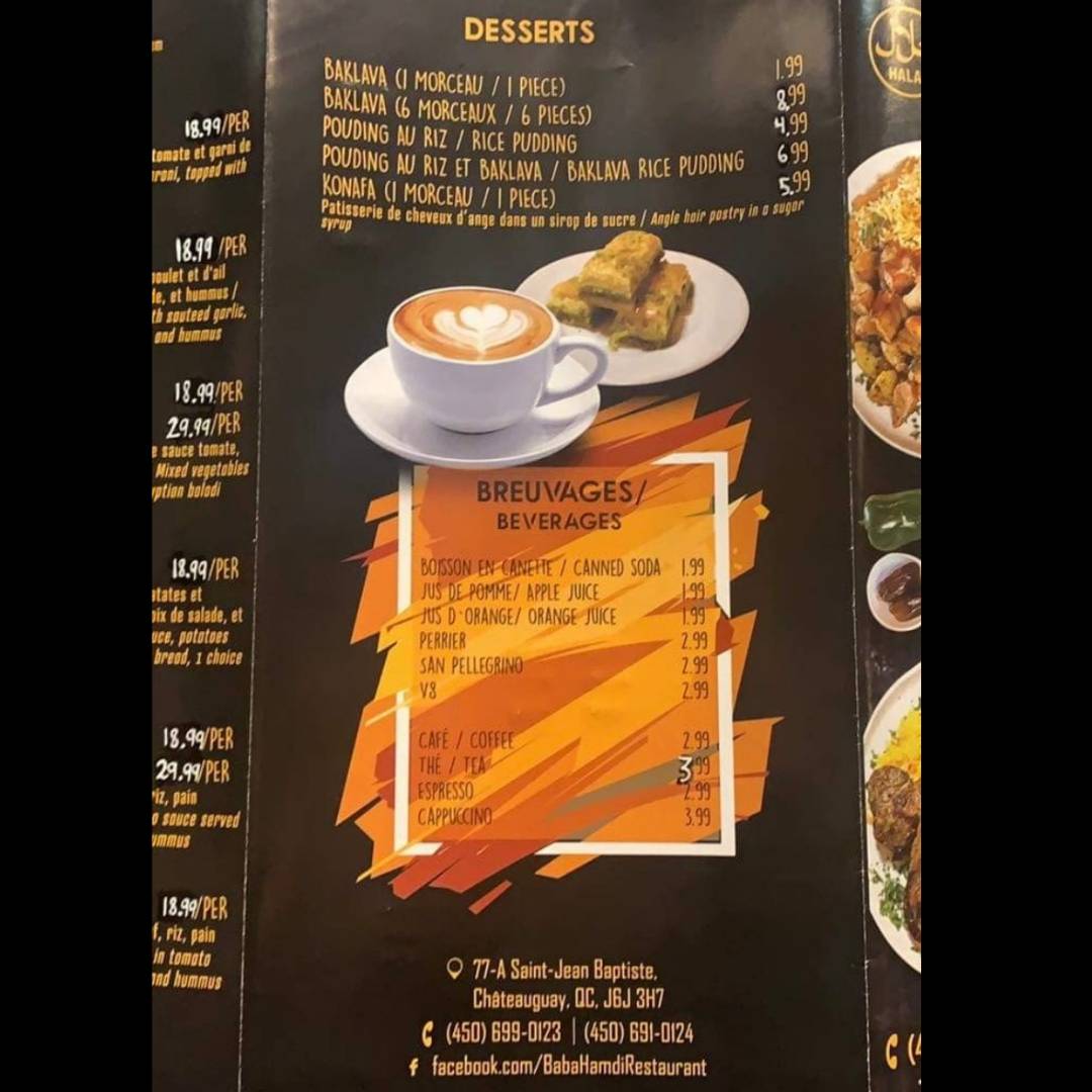 Menu au Baba Hamdi cuisine égyptienne restaurant, Châteauguay
