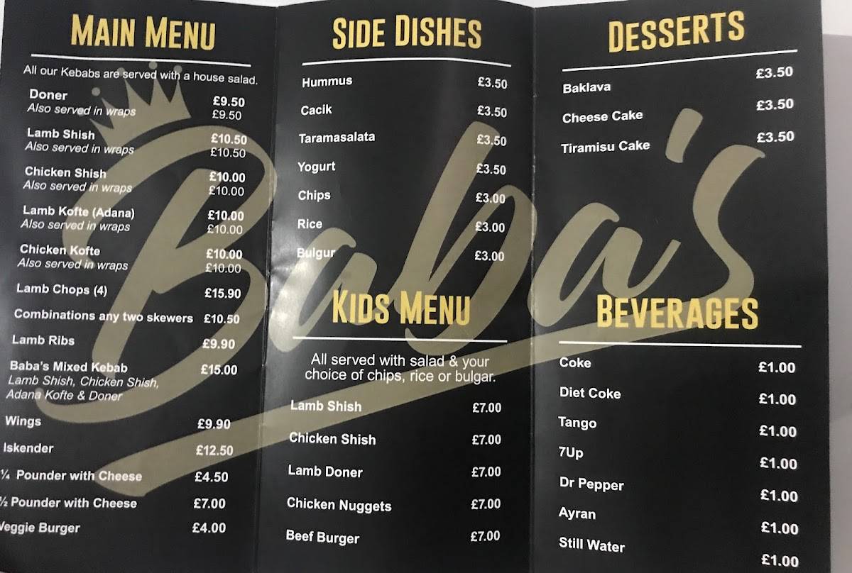 Menu at Baba's Kebab House restaurant, Sidcup