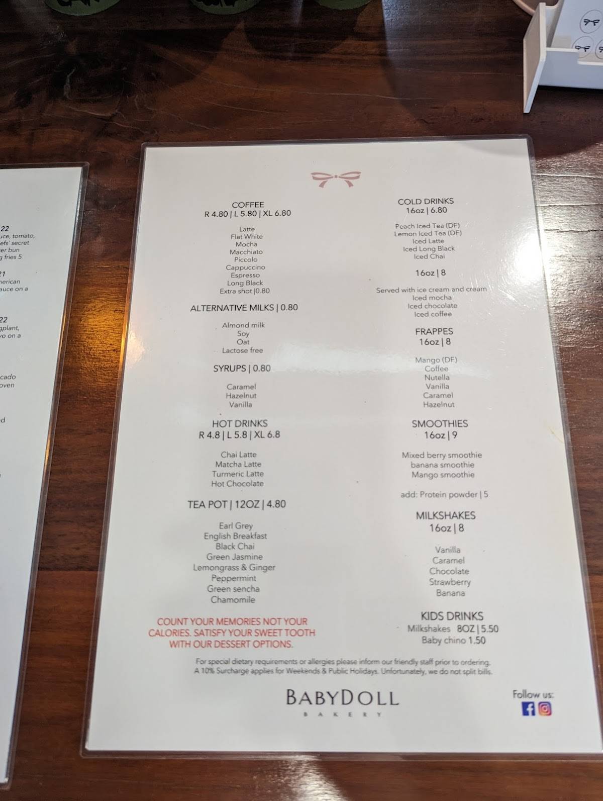 Menu at Baby Doll Bakery, Cranebrook