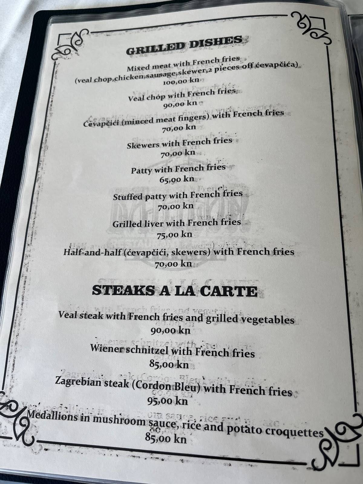 Menu da Babylon ristorante, Spalato