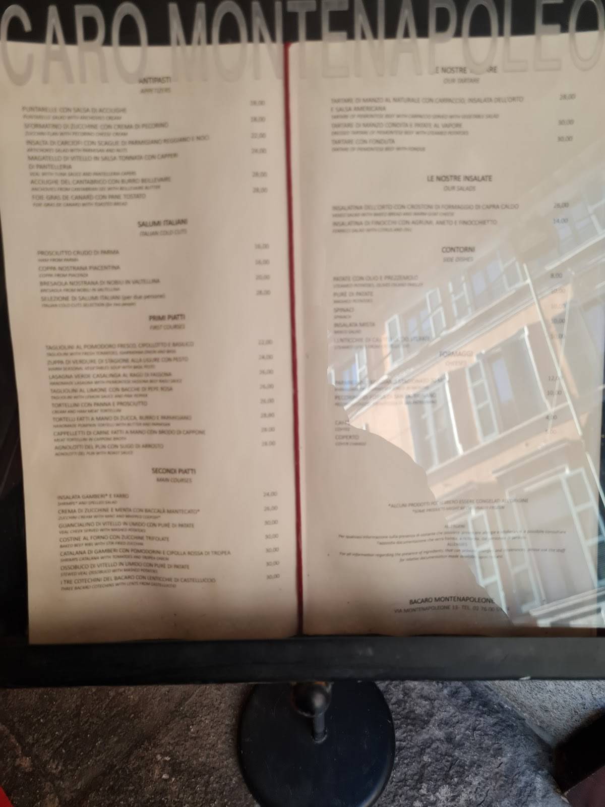 Menu at Bacaro Montenapoleone restaurant, Milan
