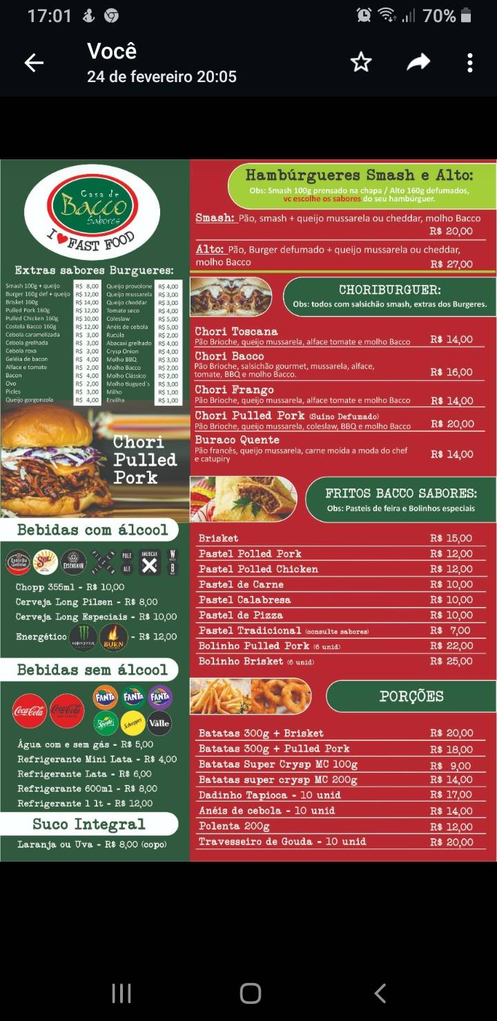 Menu em Bacco xis Boca do Monte restaurante, Santa Maria