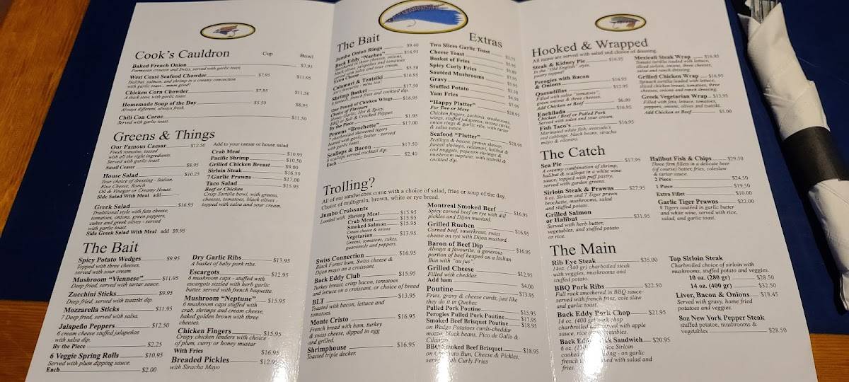 Menu at Back Eddy Pub, Terrace