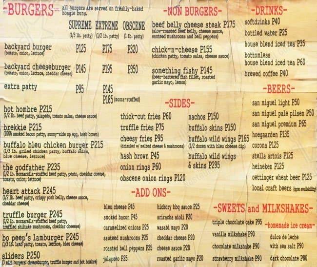 Carta de Backyard Burgers Restaurant, Ciudad Quezon, 54-B Sgt. Esguerra Ave
