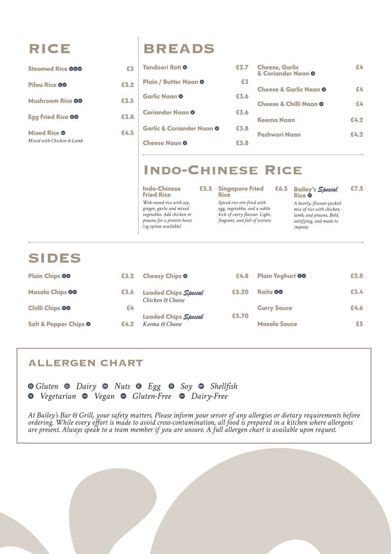 Menu at Bailey's Bar & Grill, Nuneaton, 121 Attleborough Rd