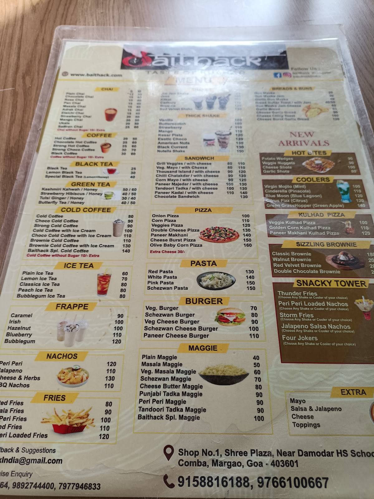 Menu at Baithack, Margao