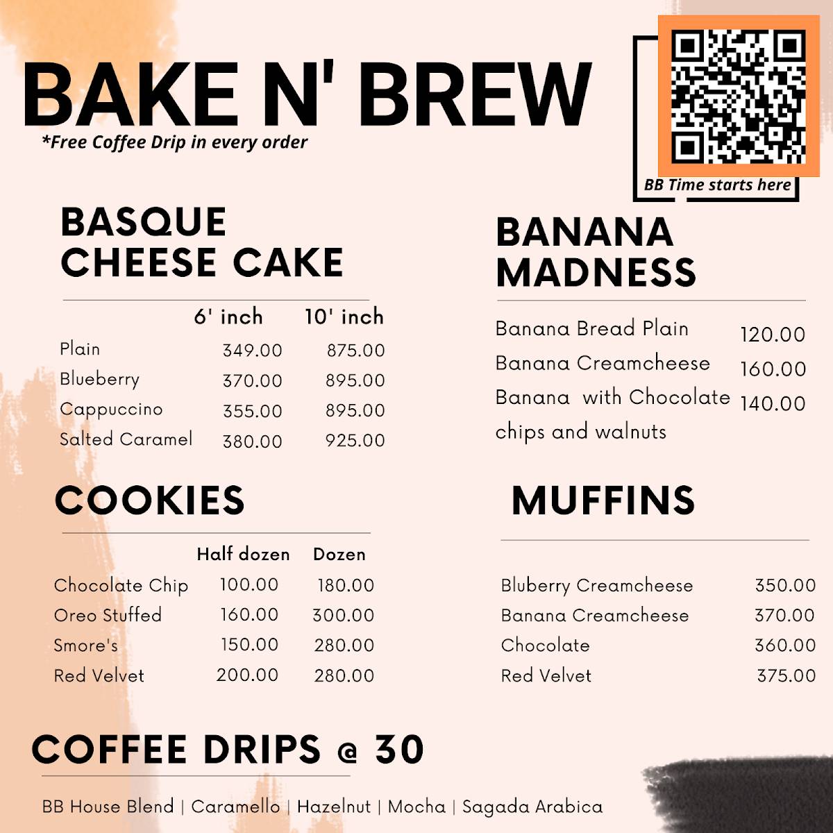 Carta del café Bake and Brew Manila, Las Pinas
