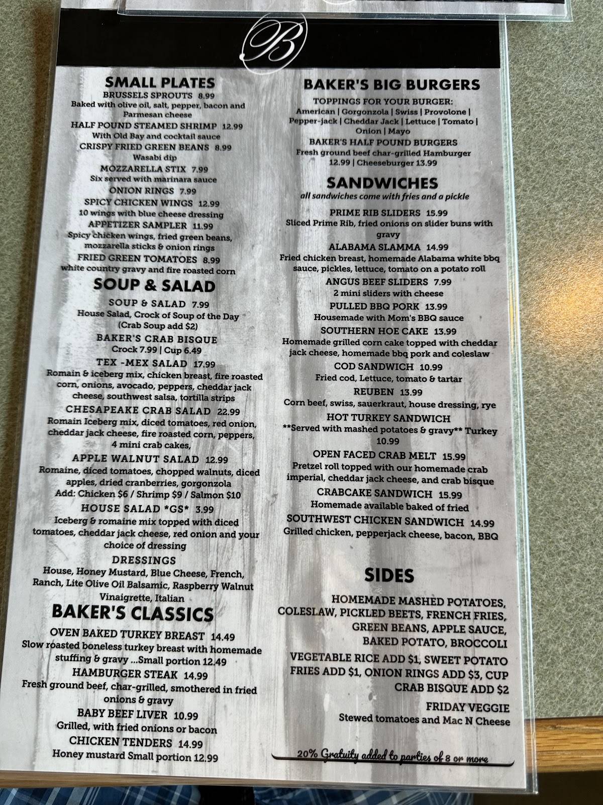 Menu at Baker's Restaurant, Elkton, Augustine Herman Hwy