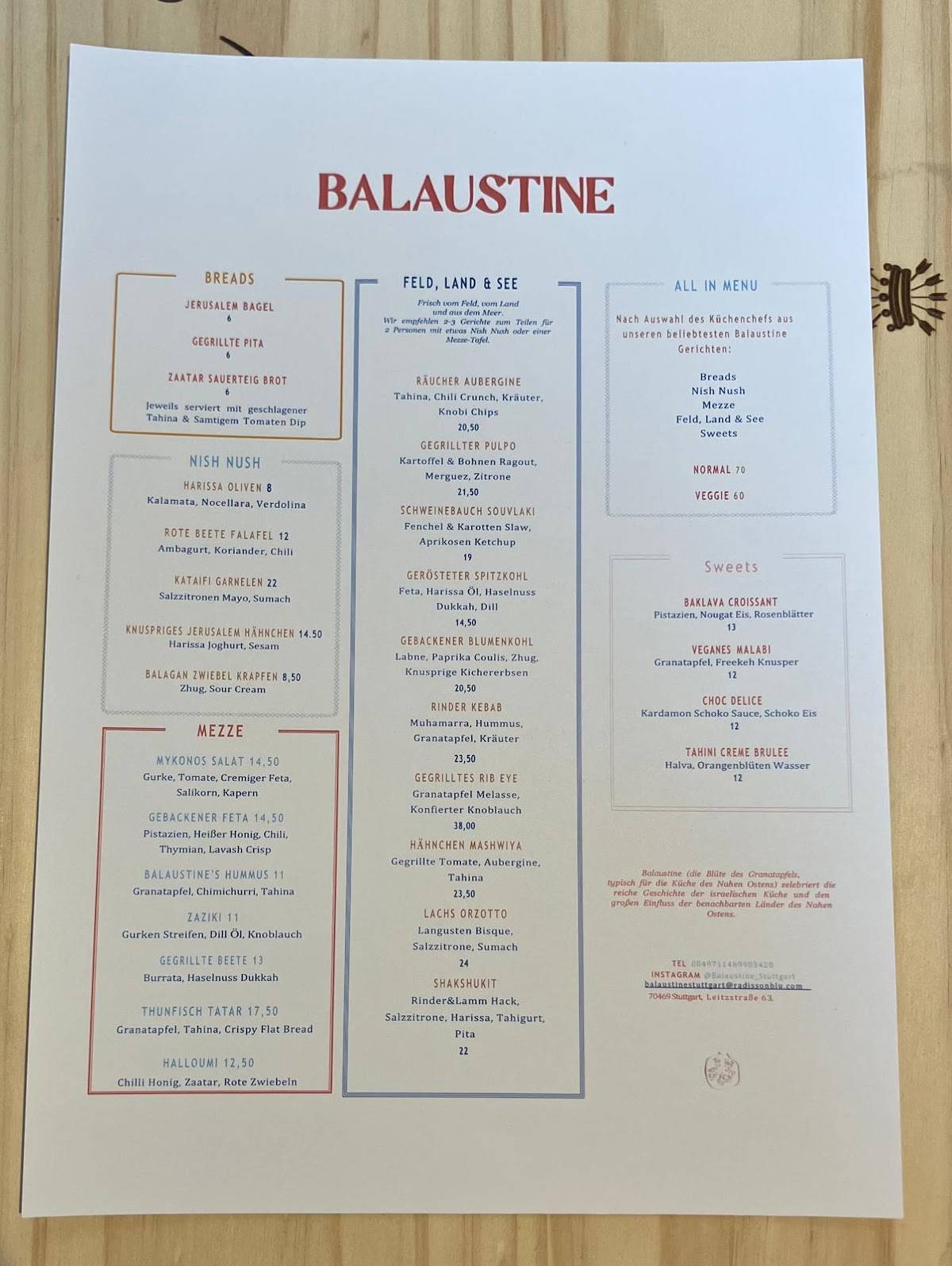 Speisekarte von Balaustine Restaurant, Stuttgart
