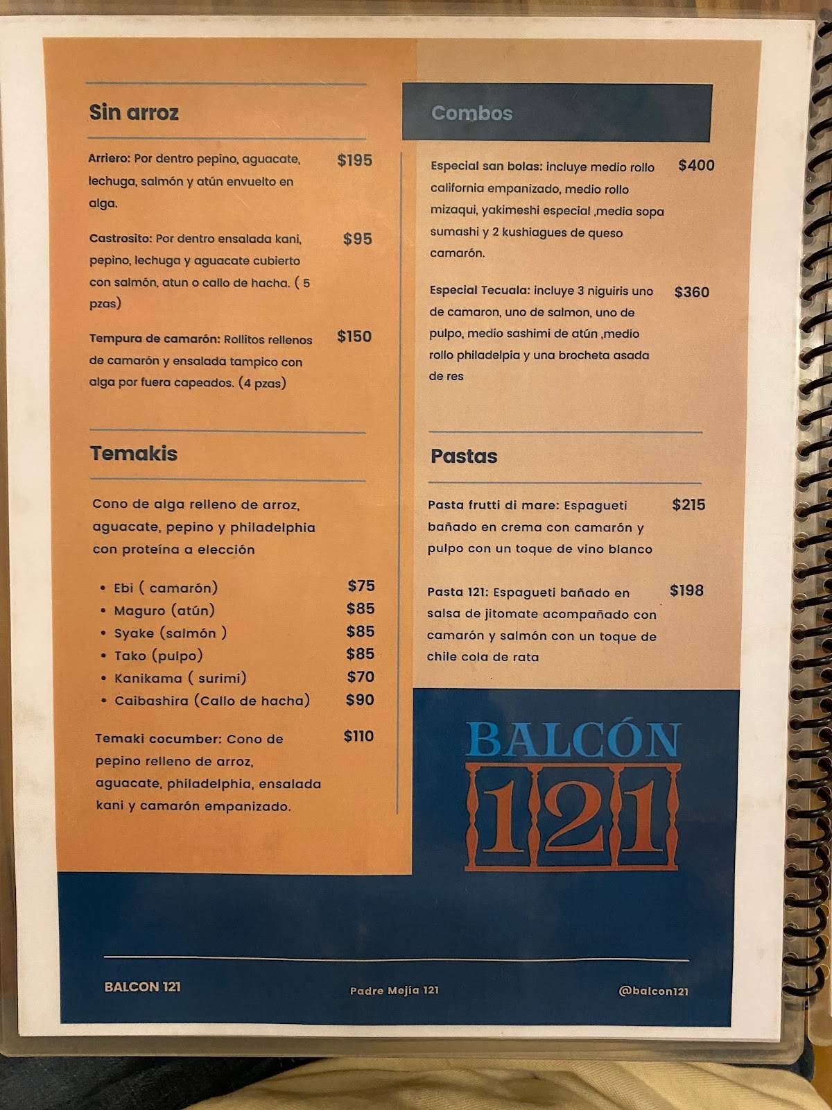 Menu at Balcón 121 restaurant, Mexico