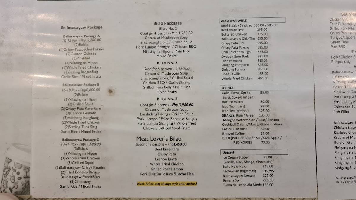 Menu at Balinsasayaw Restaurant, Silang, KM44 Emilio Aguinaldo Hwy