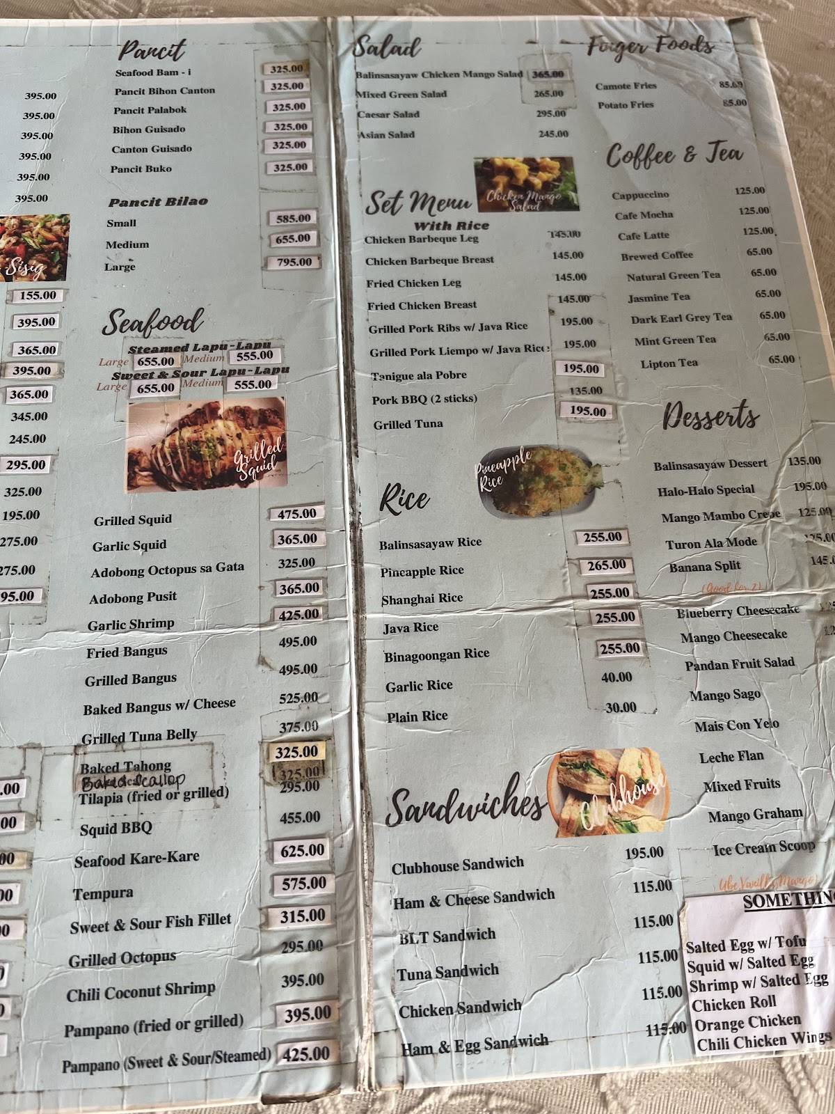 Menu at Balinsasayaw Restaurant, Silang, KM44 Aguinaldo Hwy