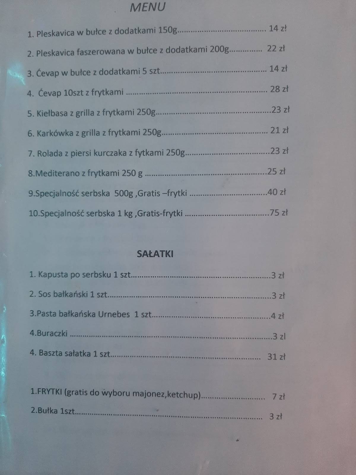 Carta del pub y bar Balkan Foods Toruń, Torun